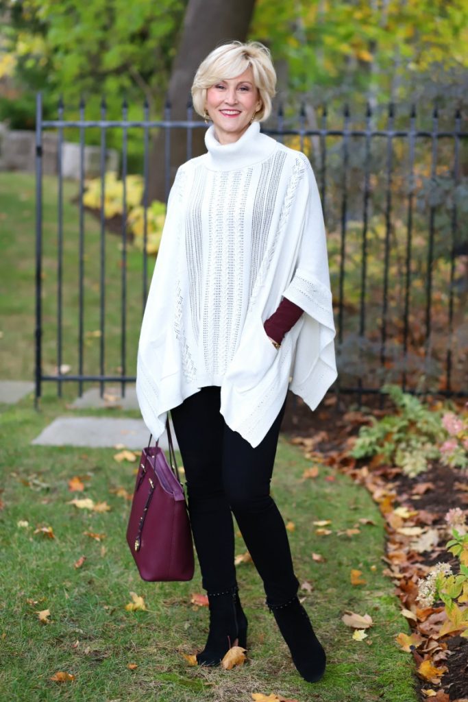 Swing Into Fall In a Classic Cable Knit Poncho - Fabulous after 40