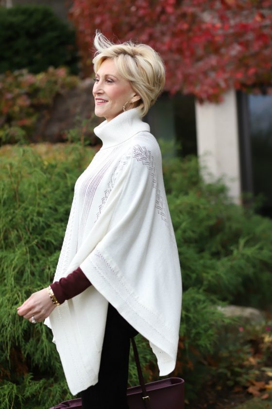 Swing Into Fall In a Classic Cable Knit Poncho - Fabulous after 40