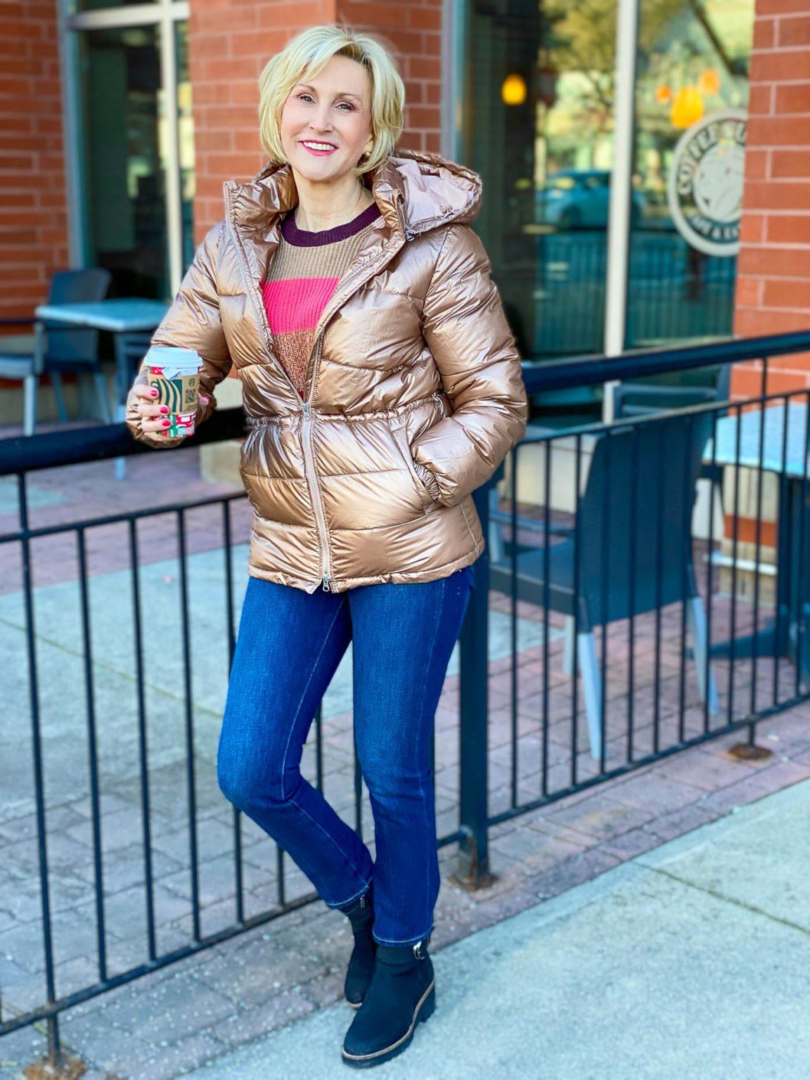 Two Ways to Style a Metallic Puffer Jacket - Fabulous after 40